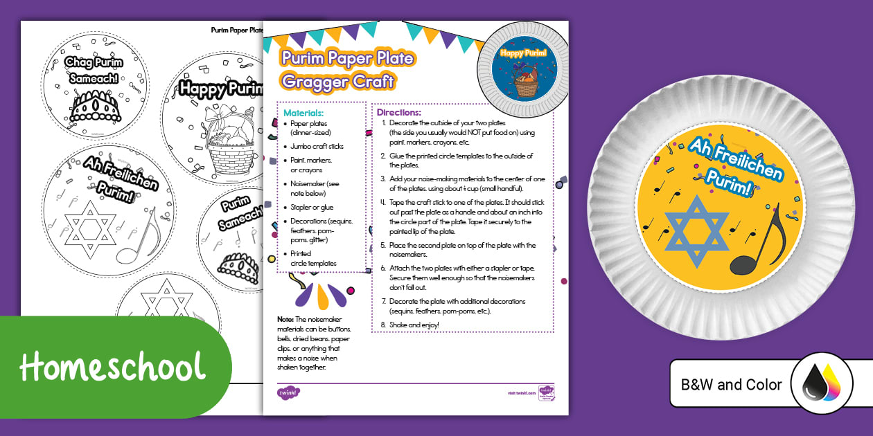 Purim Paper Plate Gragger Craft for Homeschool - Twinkl