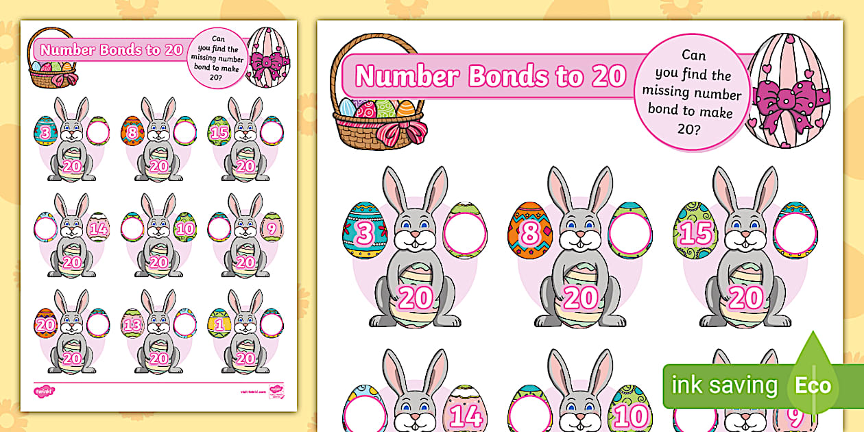 👉 Easter Bunny Number Bonds to 20 Worksheet - Twinkl
