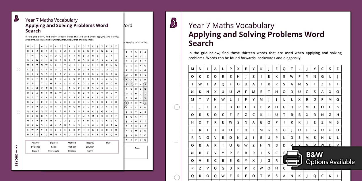 👉 Maths Vocabulary Applying and Solving Problems Word Search