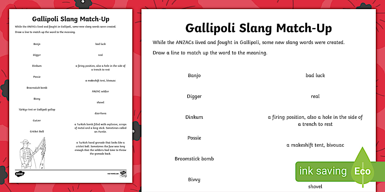 ANZACs Gallipoli Slang Language Match and Draw - Twinkl