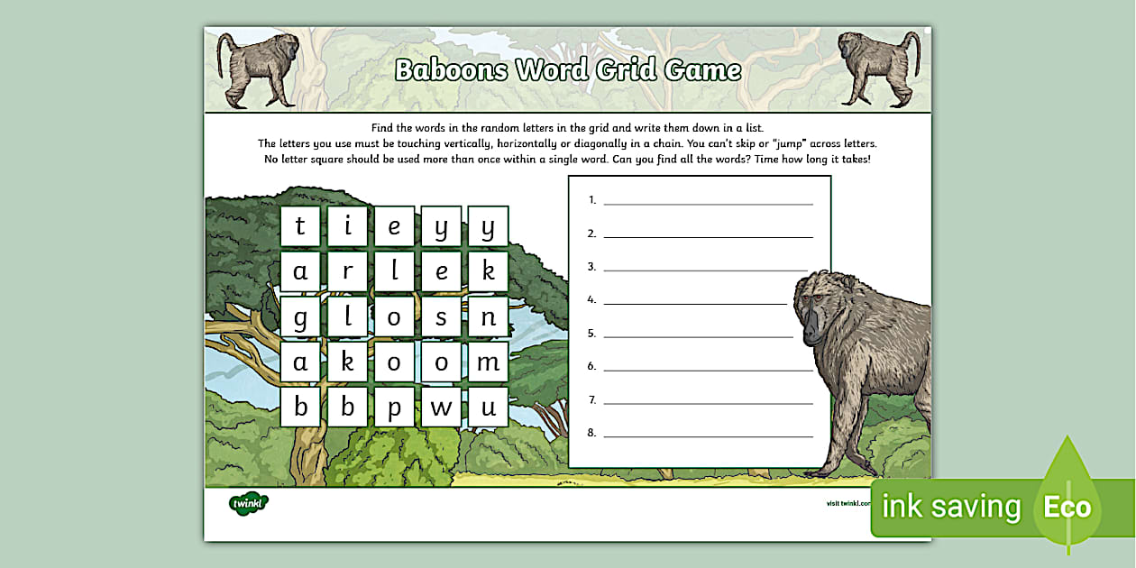 Baboons Word Grid Game (teacher made) - Twinkl