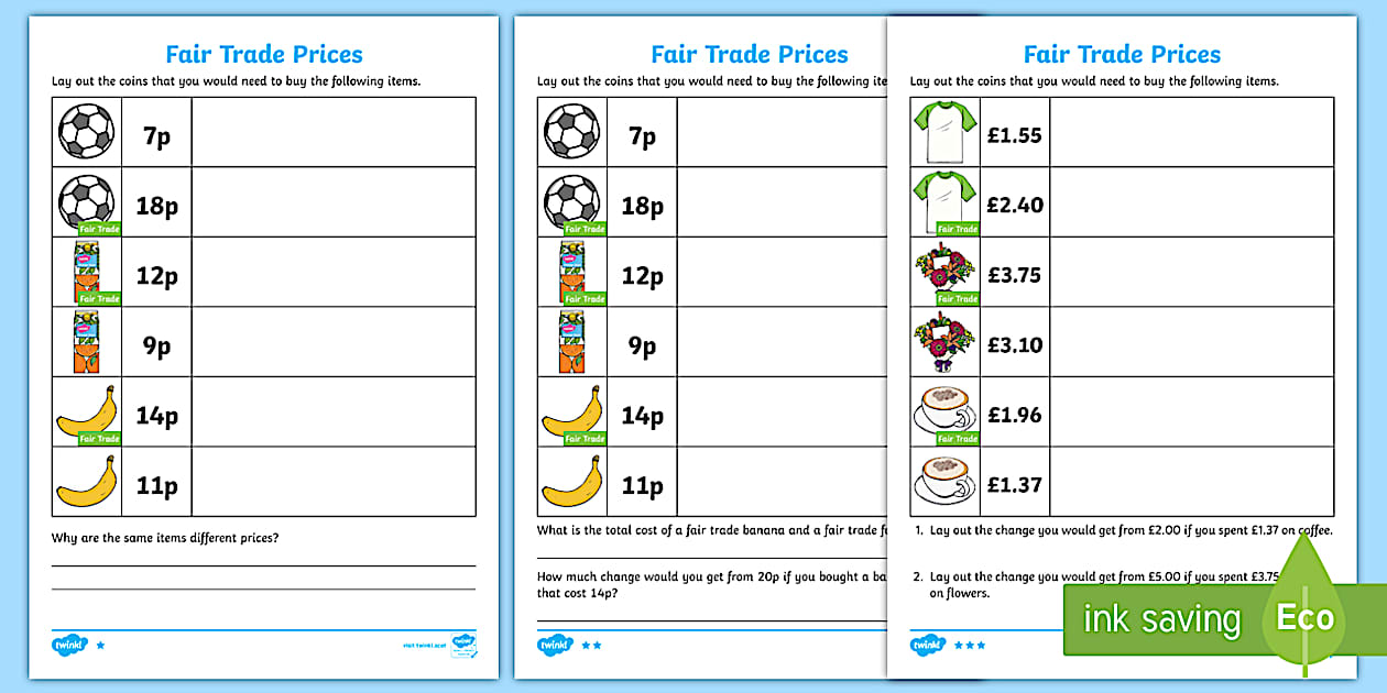 Editable Fair Trade Prices Differentiated Worksheets