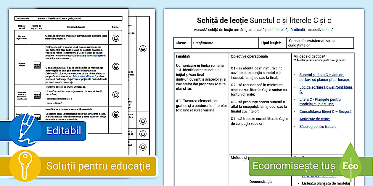 Consolidare sunetul c și literele c, C – Schiță de lecție