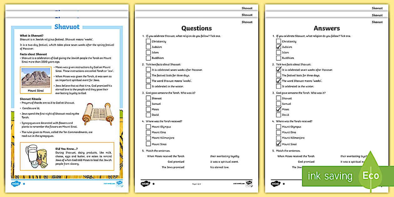 Shavuot Differentiated Reading Comprehension Activity
