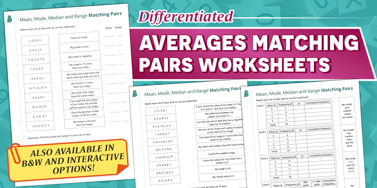 Averages Matching Pairs Differentiated Worksheets - Twinkl