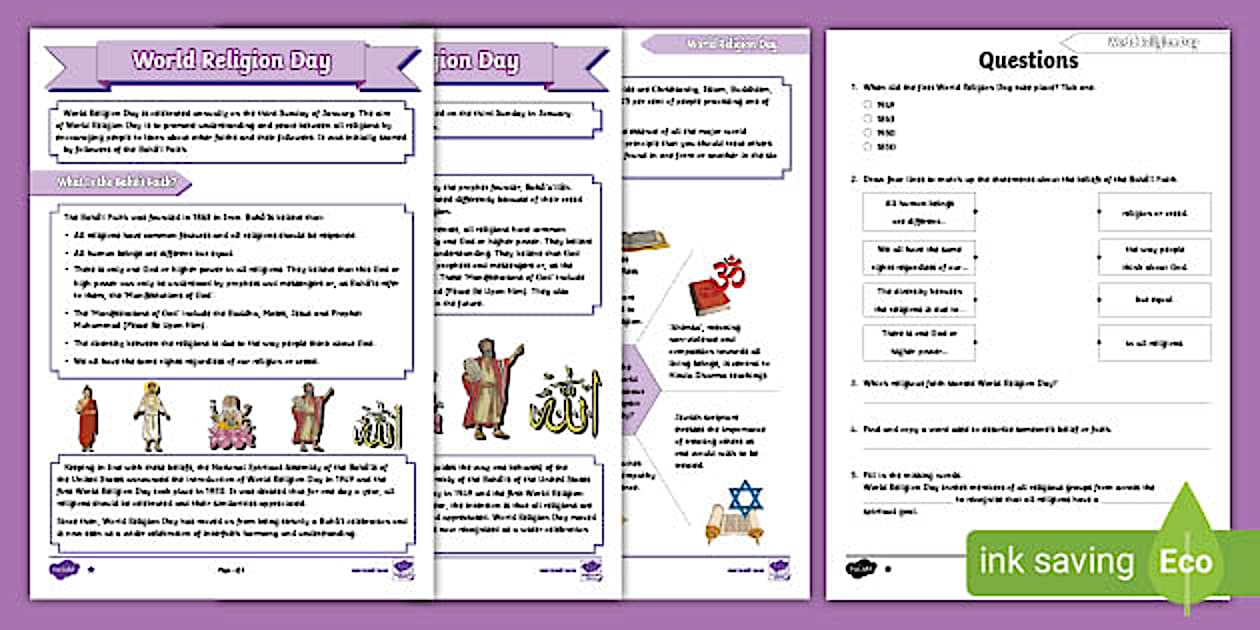 UKS2 World Religion Day Differentiated Reading Comprehension
