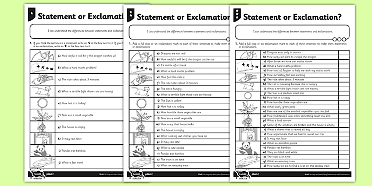 Statement or Exclamation KS1 Differentiated Sentences Worksheet