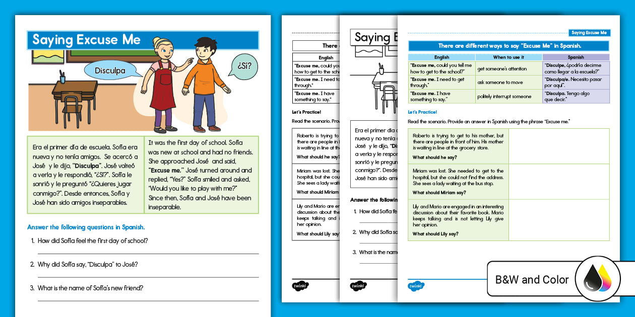 Spanish for Excuse Me Worksheet Sheet | Resource | Twinkl USA