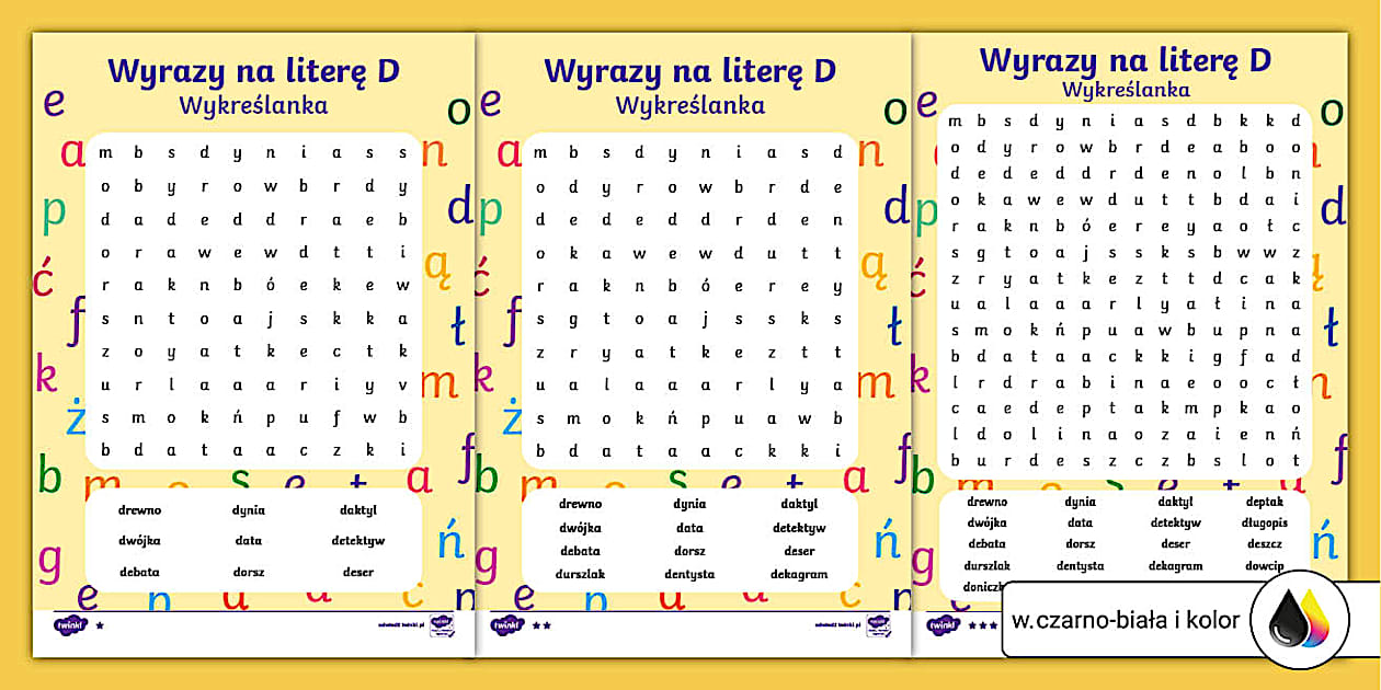 Wyrazy na literę D | Wykreślanka | Alfabet i litery