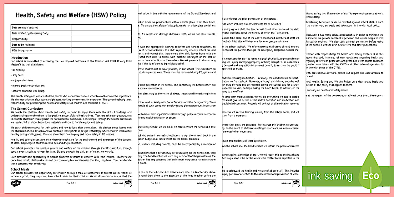Editable Health, Safety and Welfare Policy (teacher made)