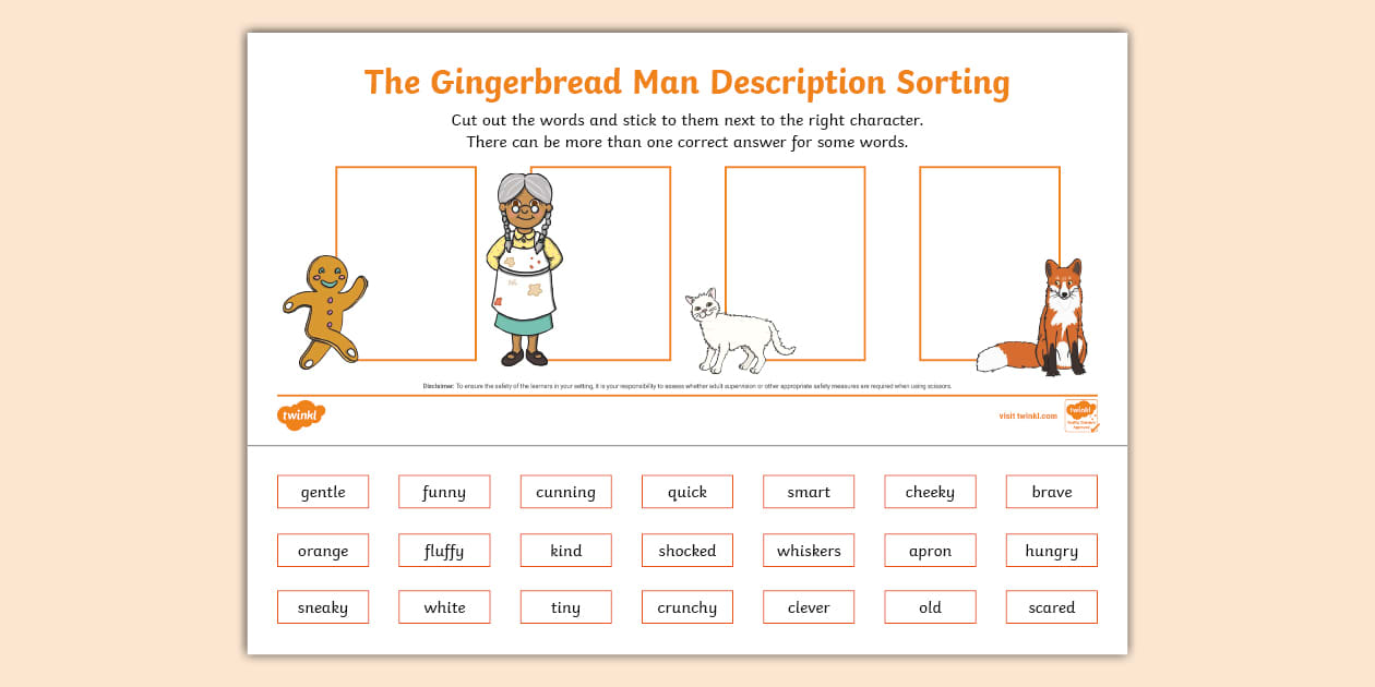 The Gingerbread Man Cut and Stick Character Description Sorting Activity