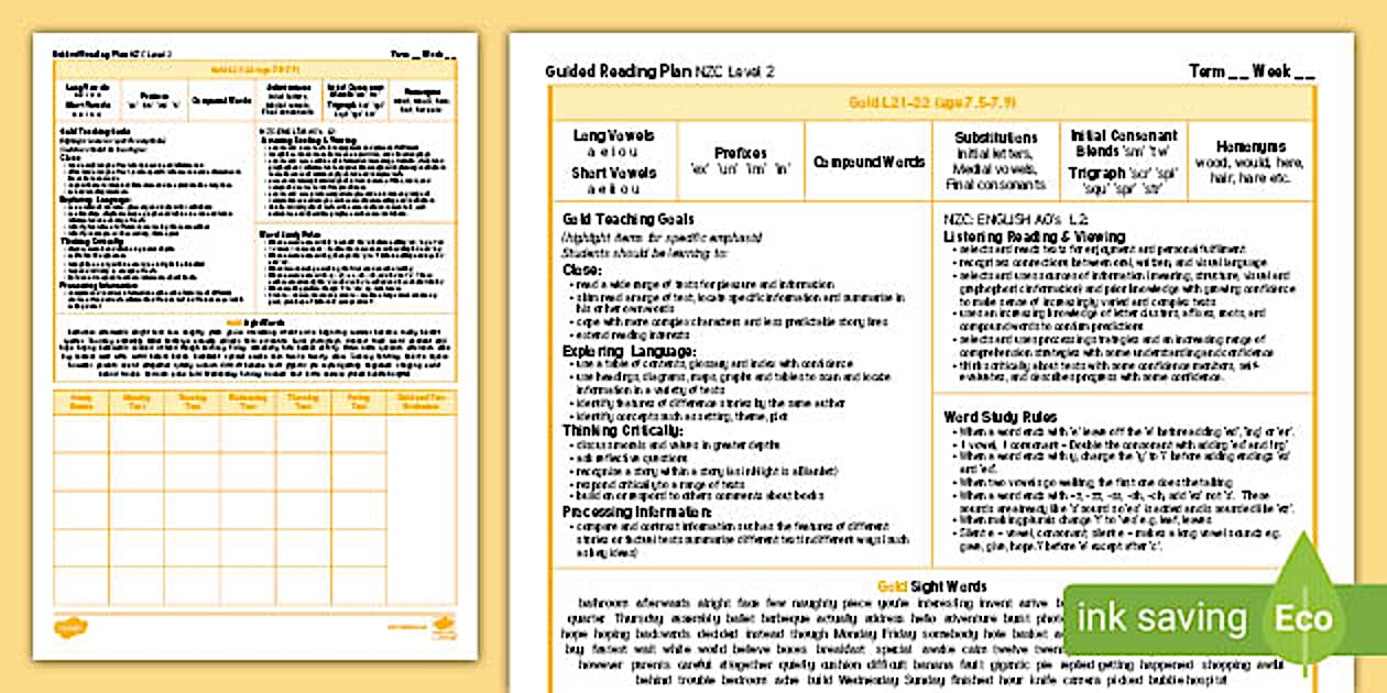 Editable New Zealand Gold Guided Reading Weekly Plan