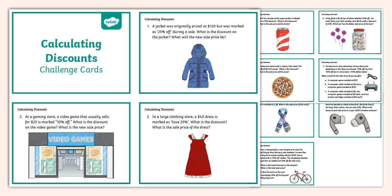Calculating Discounts Challenge Cards (teacher made)
