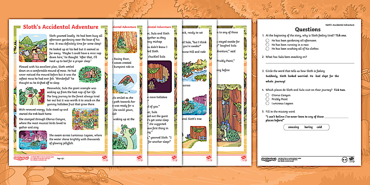 Year 2 Sloth's Accidental Adventure Reading Comprehension