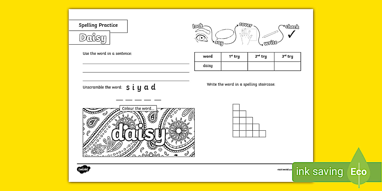 Daisy Spelling Practice Worksheet (Teacher-Made) - Twinkl