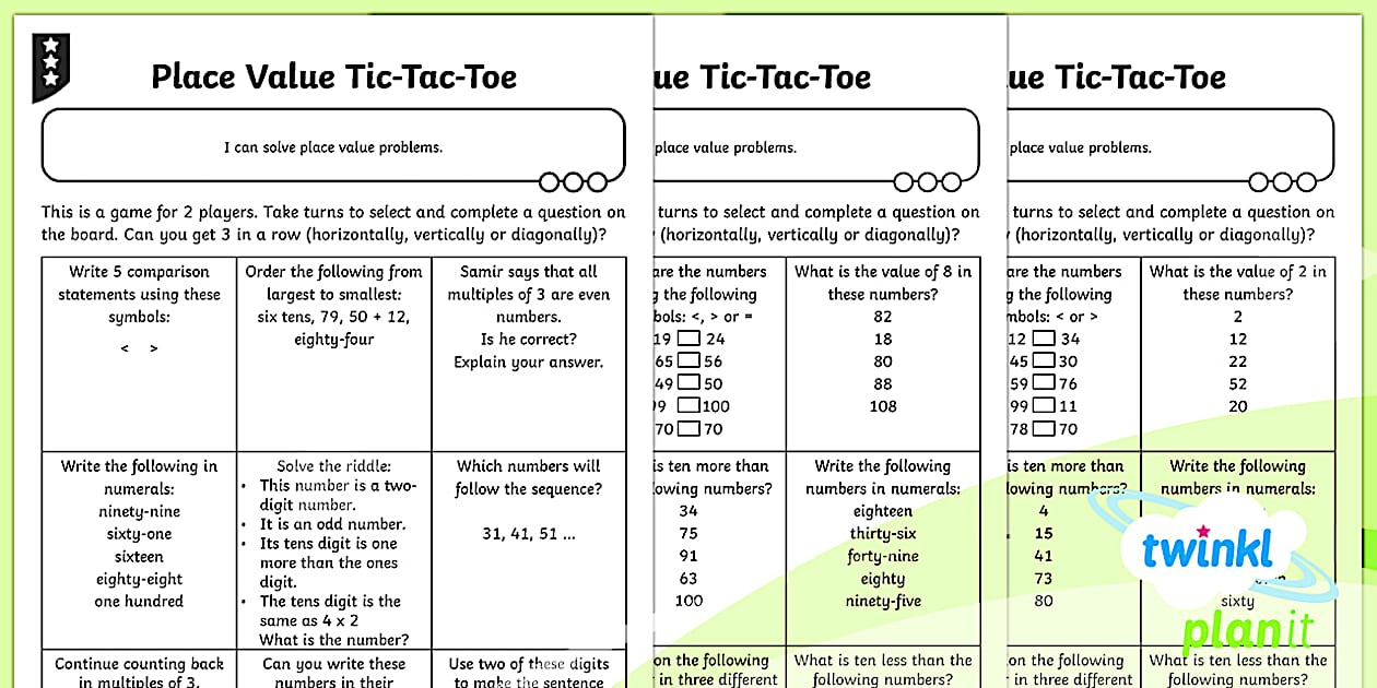 PlanIt Maths Y2 Number and Place Value Tic-Tac-Toe Problem Solving