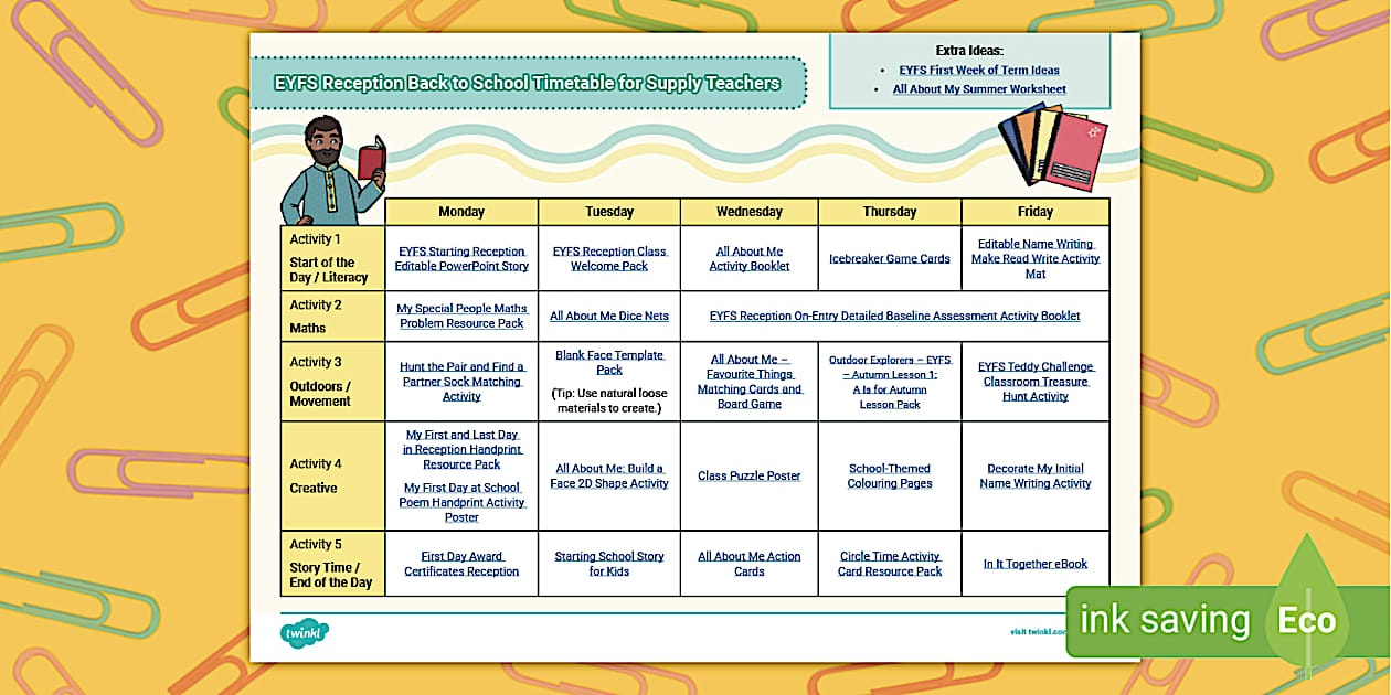 Kindergarten Back to School Activity Timetable for Supply Teachers