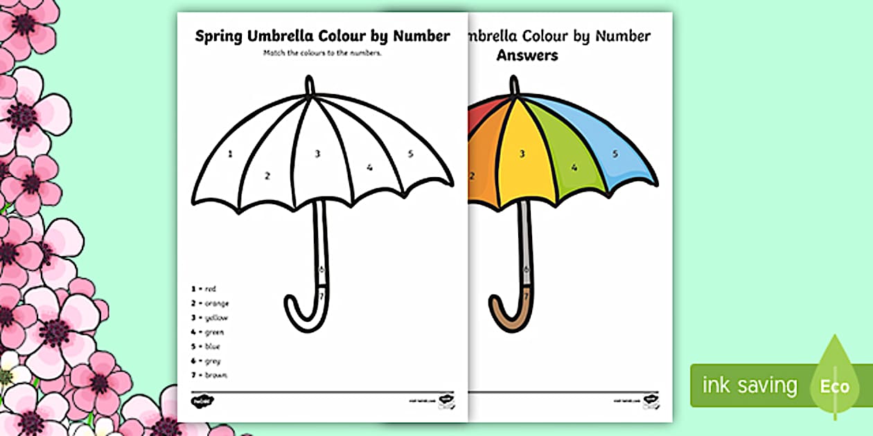 Springtime Umbrella Colour by Number (teacher made) - Twinkl