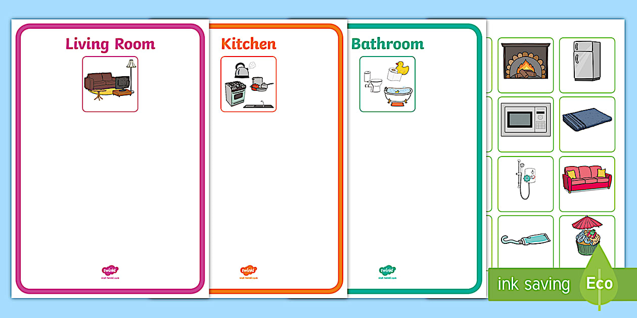 Editable Kitchen Bedroom Bathroom And Living Room Sorting Activity