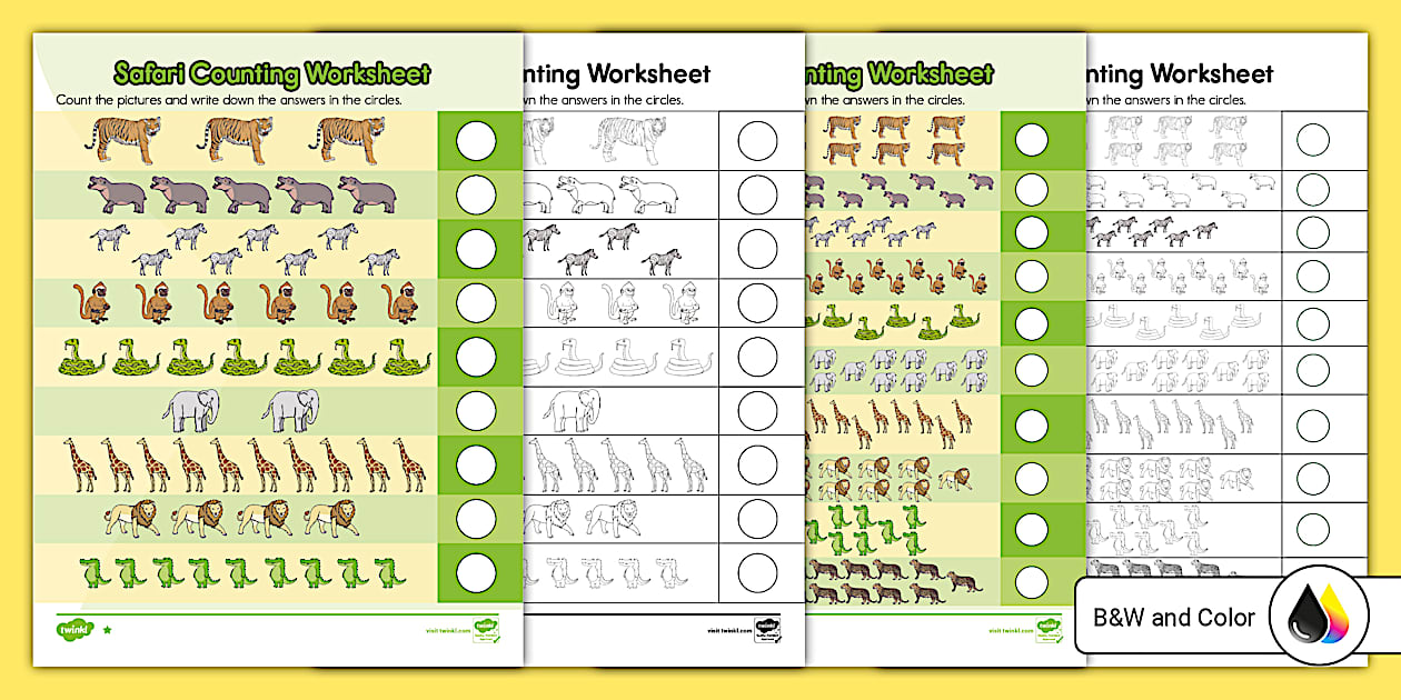 Black and White My Counting Worksheet Safari Themed - Twinkl