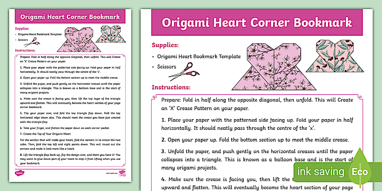 Origami Heart Bookmark Craft (teacher made) - Twinkl