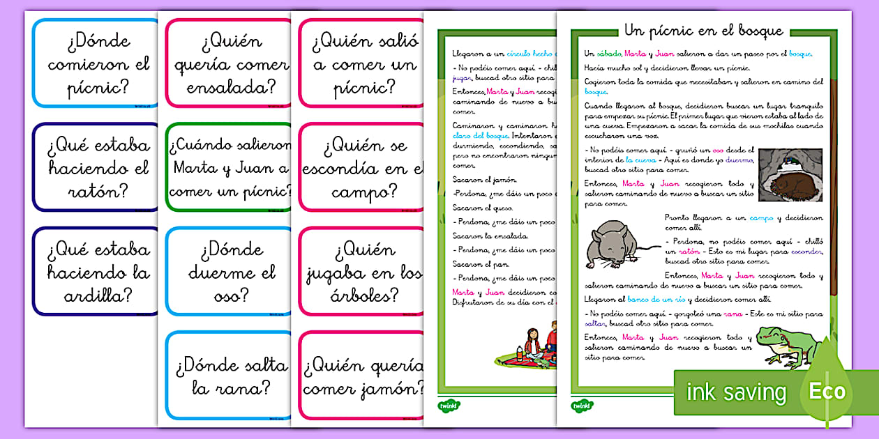 Comprensión lectora: Cuento con tarjetas de preguntas - Un pícnic en el ...