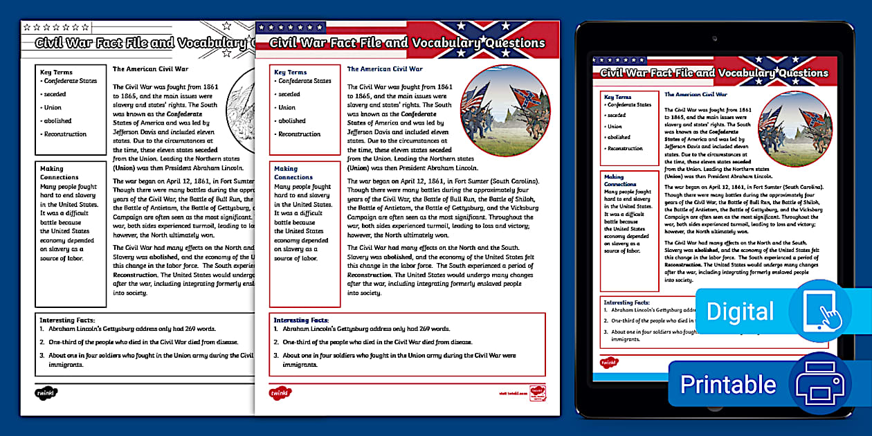 Eighth Grade Civil War Fact File and Vocabulary Questions