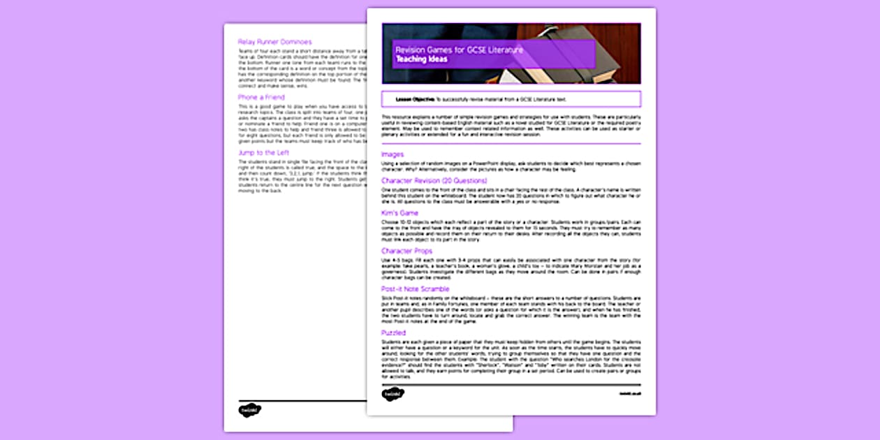 GCSE Revision Games for GCSE Literature Teaching Ideas