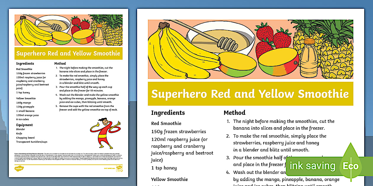 Superhero Red and Yellow Smoothie Recipe (teacher made)