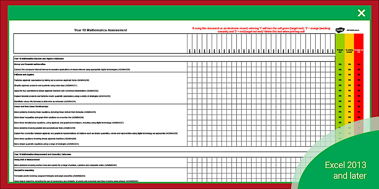 Year 10 Australian Curriculum (v8) Mathematics Assessment Tracker