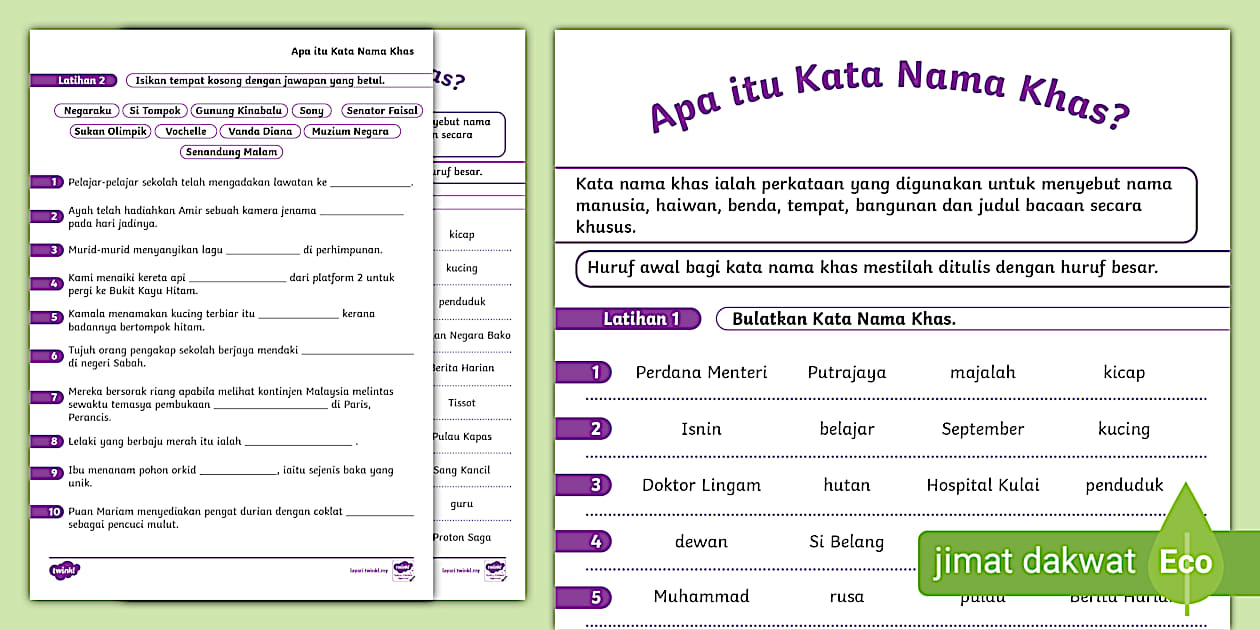 Lembaran Aktiviti Kata Nama Khas (teacher made) - Twinkl