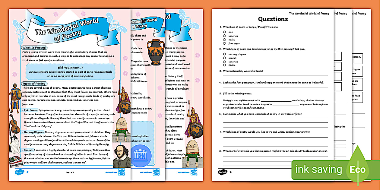 UKS2 The Wonderful World of Poetry Comprehension Activity