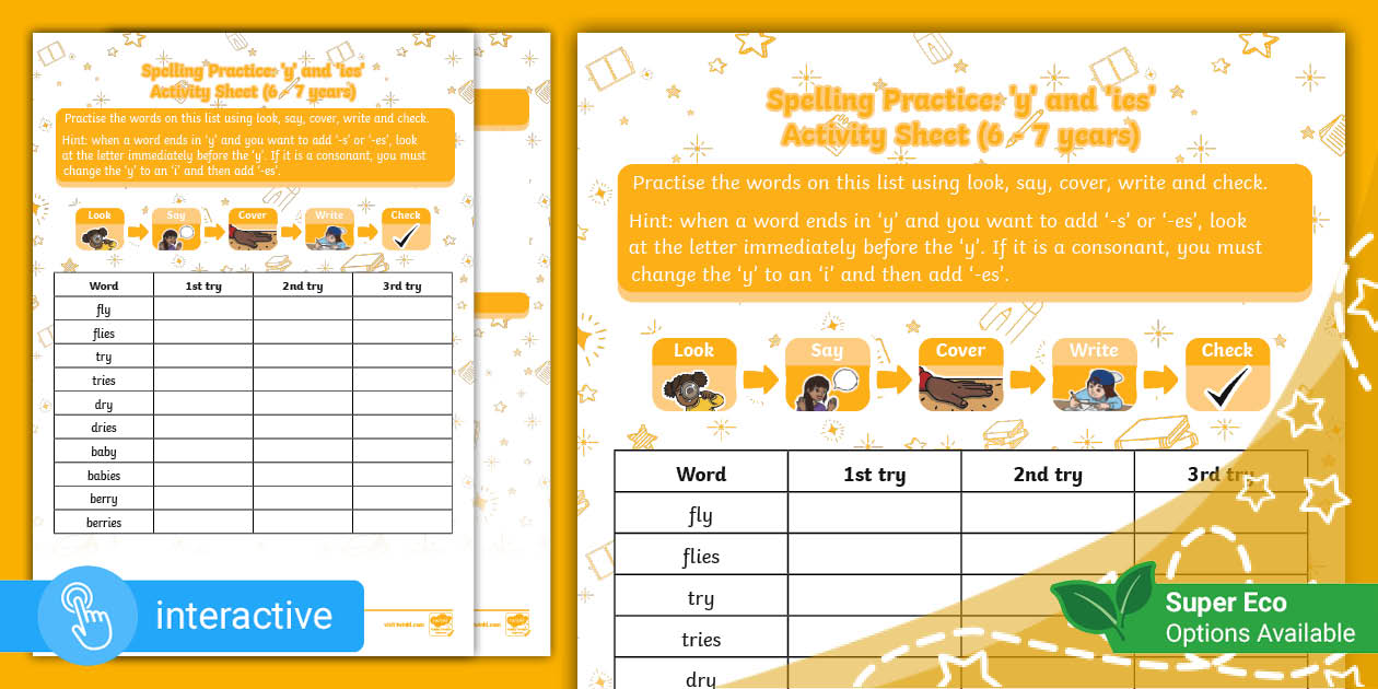 Adding 'ies' to 'y' Verbs and Nouns | Parents Spelling Sheet