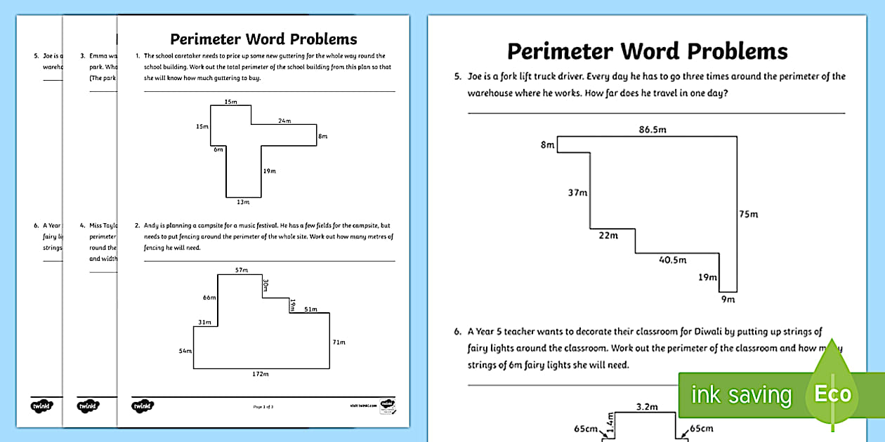 Y5 Perimeter Word Problems Worksheet (teacher made) - Twinkl