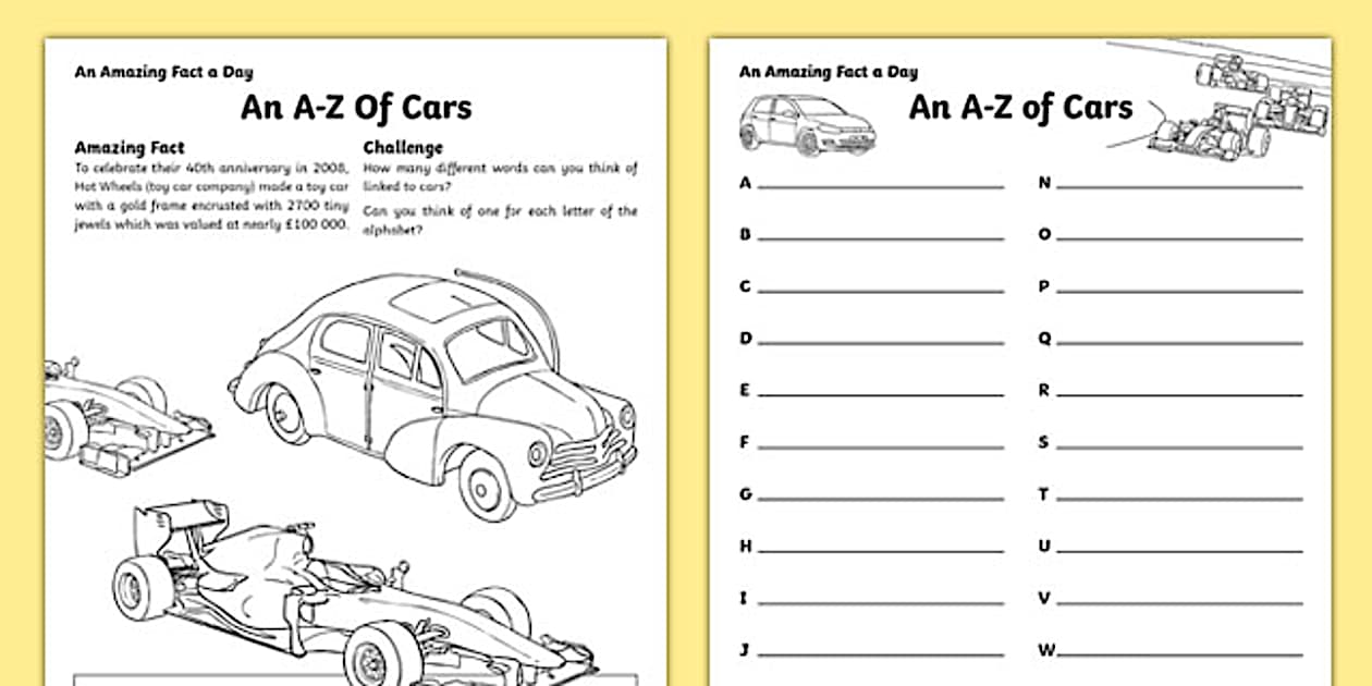 An A-Z of Cars Worksheet / Worksheet, worksheet - Twinkl