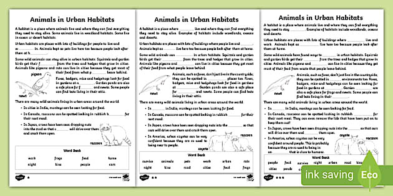 Cloze Procedure Animals in Urban Habitats Differentiated Worksheets