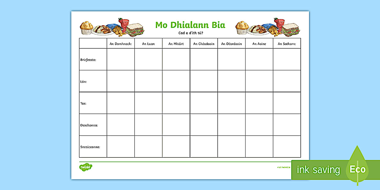 Editable Dialann Bia - Food Diary Worksheet Gaeilge - Twinkl