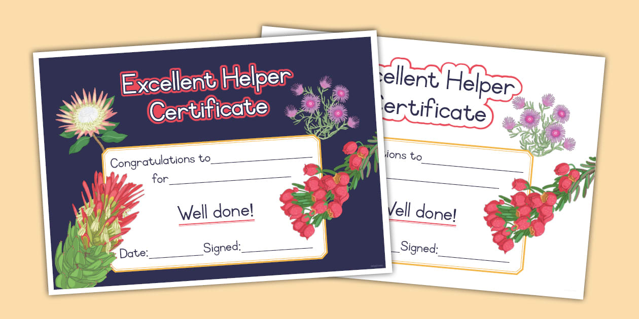 Fynbos-Themed Excellent Helper Certificate - Twinkl