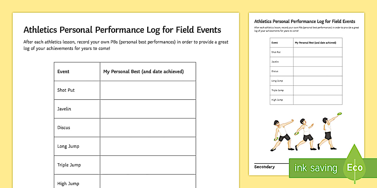 Editable Athletics: Field Events Personal Best Tracker Worksheet