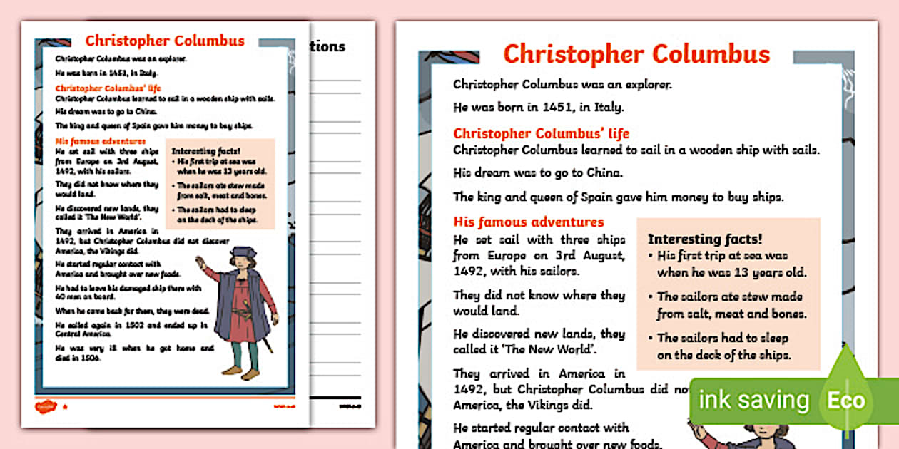 Christopher Columbus Reading Comprehension PDF Activity