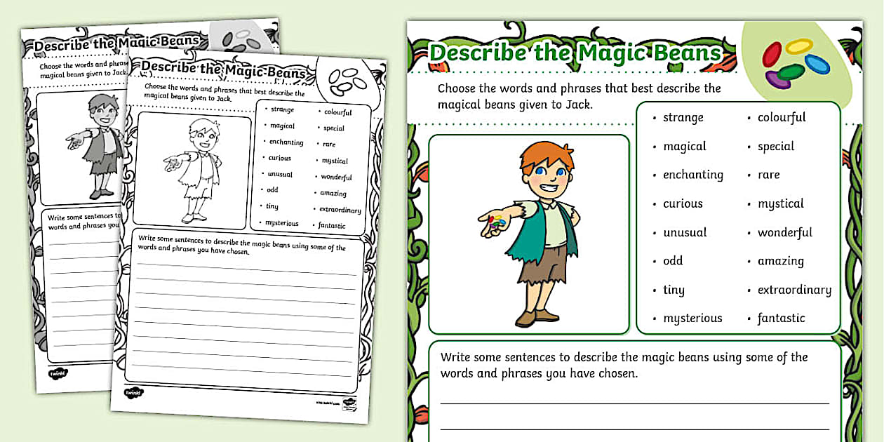 Describe the Magic Beans Worksheet (Teacher-Made) - Twinkl