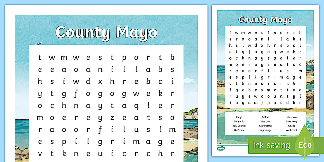 Black and White County Mayo Word Search (teacher made)