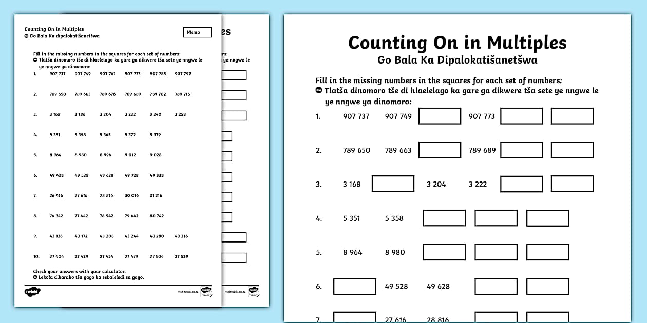 Counting On in Multiples Activity Sheet Sepedi - Twinkl