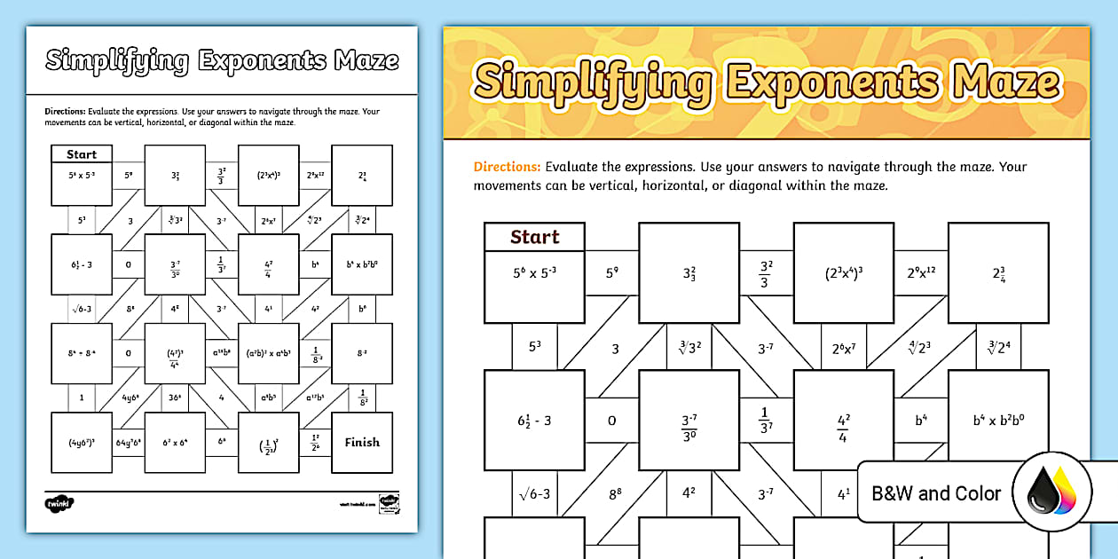 Sixth Grade Simplifying Exponents Maze - Twinkl