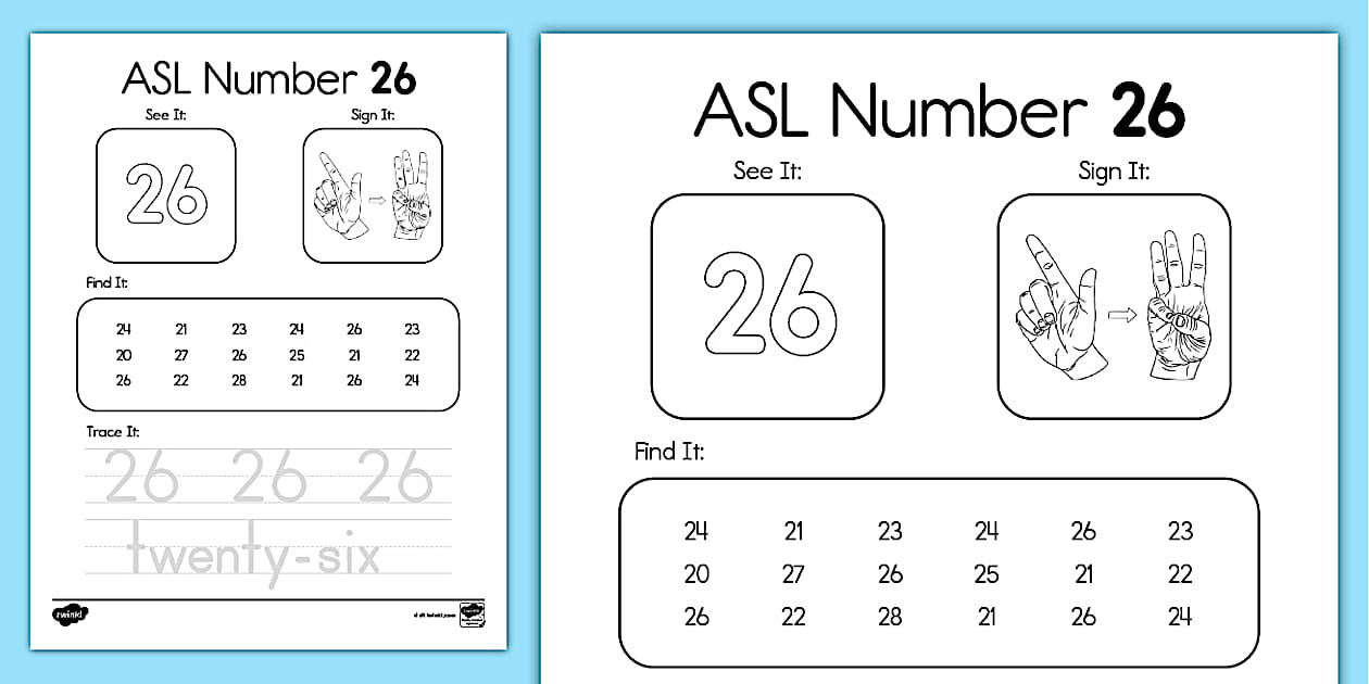 ASL Number 26 Worksheet (teacher made) - Twinkl