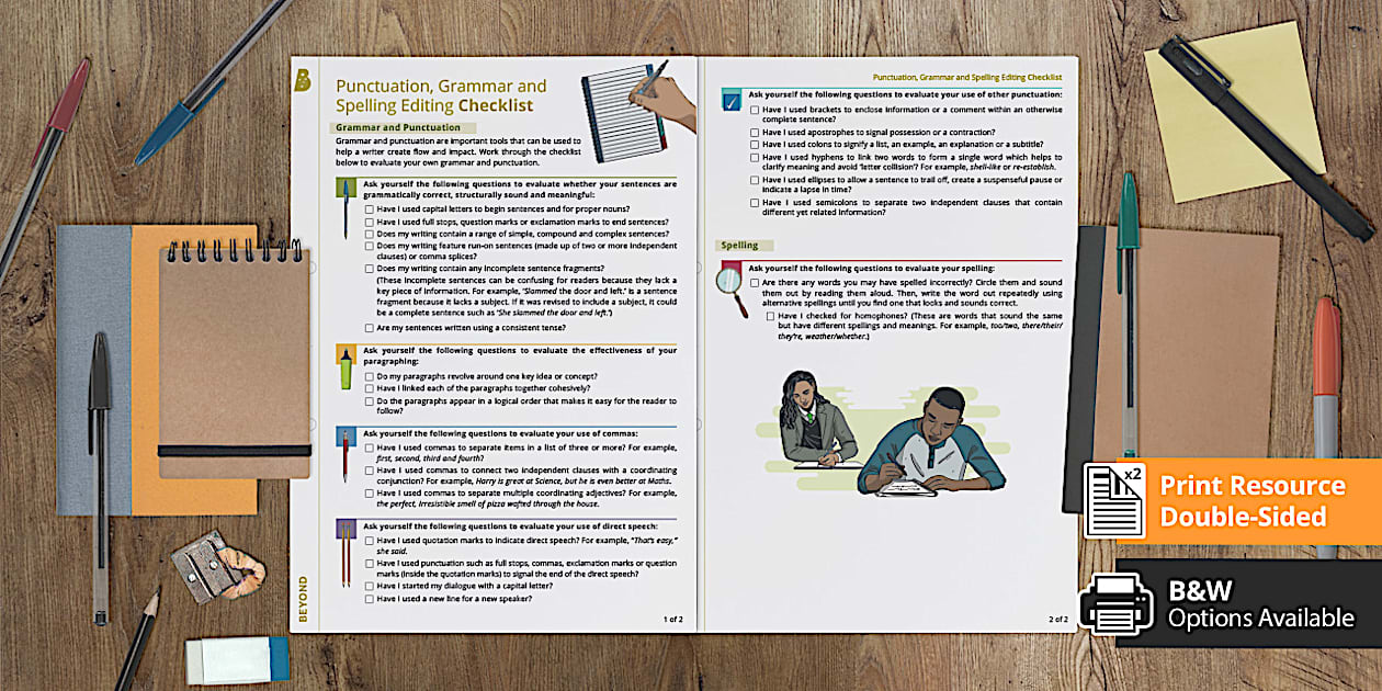 Punctuation, Grammar and Spelling Editing Checklist - Twinkl