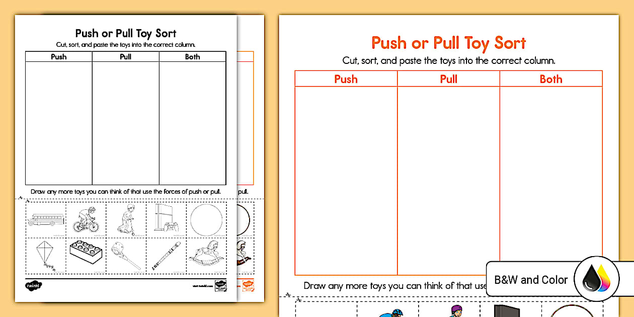 Push and Pull Toy Sorting Worksheet (teacher made) - Twinkl