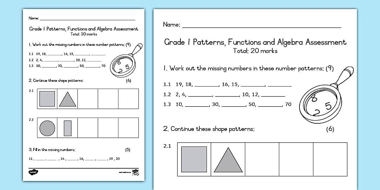 Grade 1: Patterns, Functions and Algebra Assessment - Twinkl