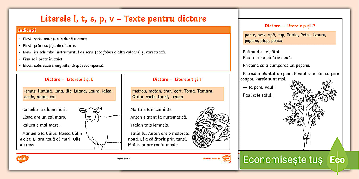 Literele l, t, s, p, v – Texte pentru dictare - Twinkl