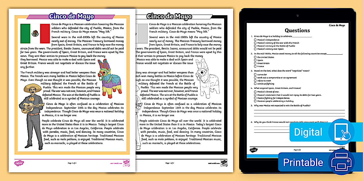 Cinco de Mayo Reading Comprehension Worksheets | Twinkl USA